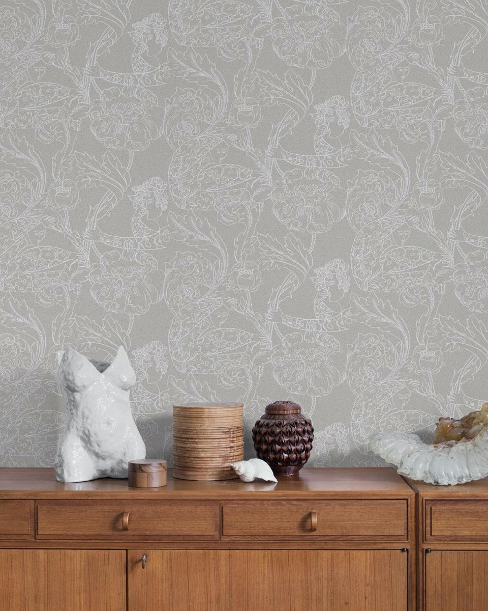 Floral Dream - Greige & White - Tapet med blyantstegnet flora